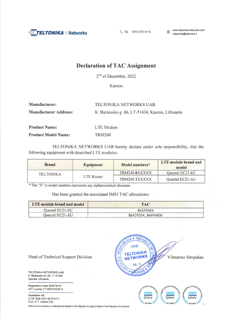 TRM240 TAC codes - Teltonika Networks Wiki